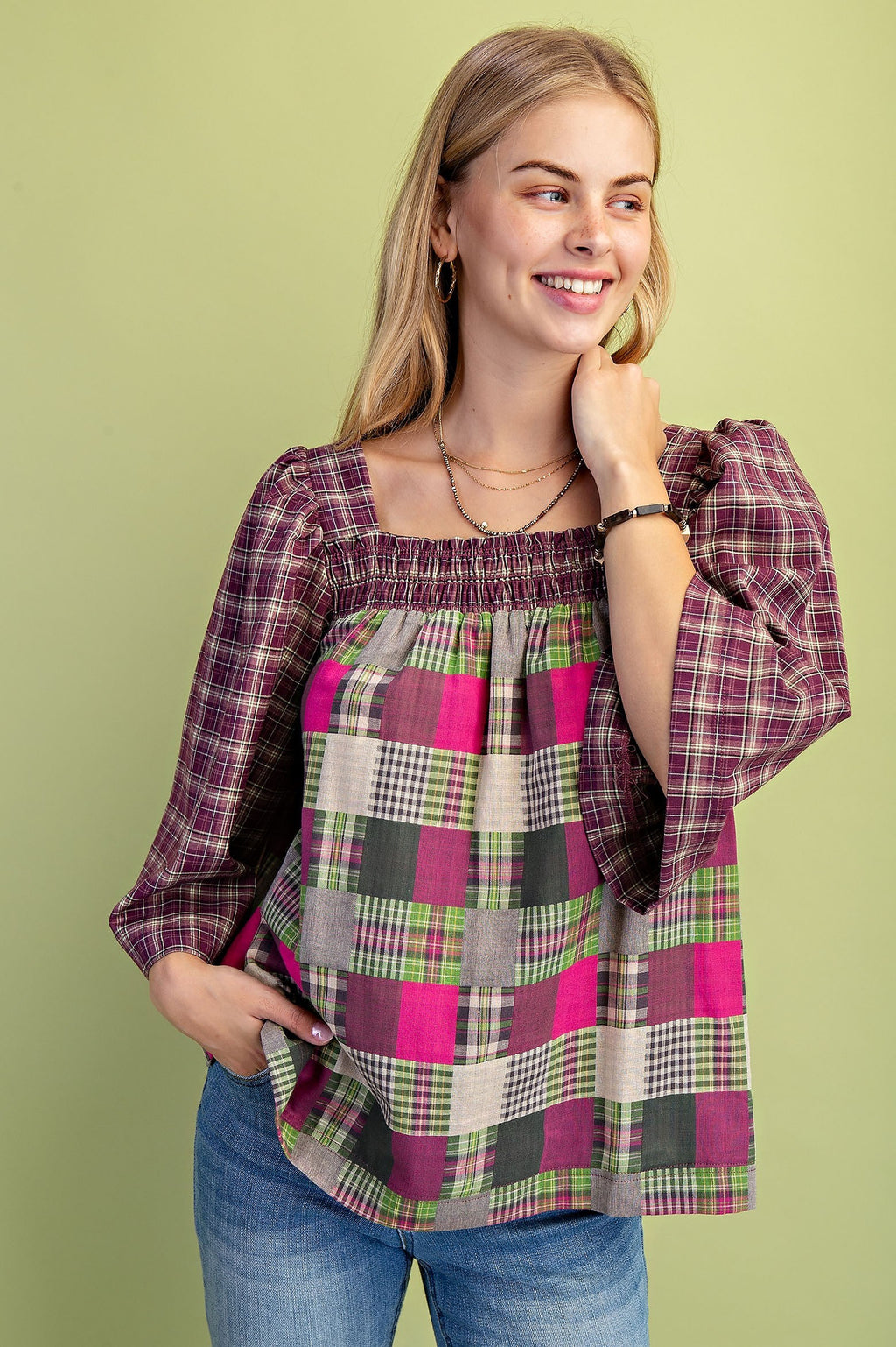 S89297 - NEW Plaid Patchwork Print Blouse – STYLE USA